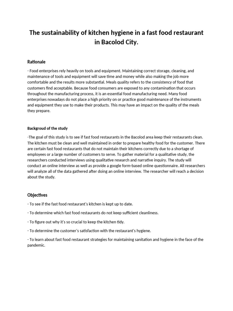 The Sustainability of Kitchen Hygiene in A Fast Food Restaurant in ...