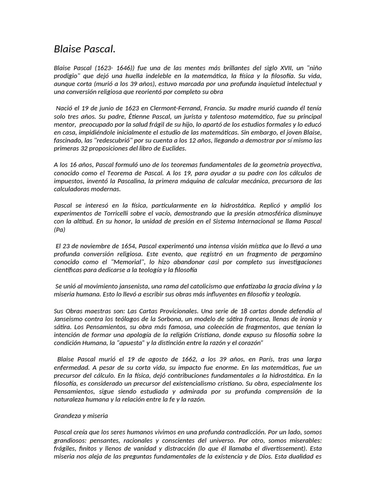 Vida y legado de Blaise Pascal | PDF
