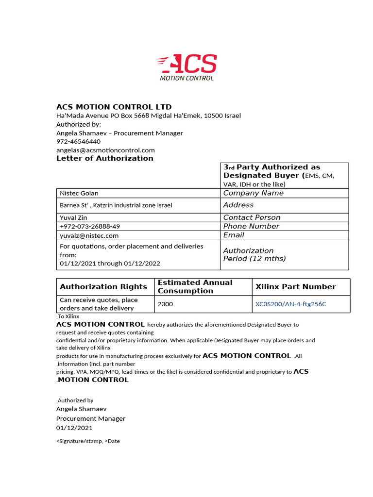 Acs Motion Control LTD Loa Form | PDF