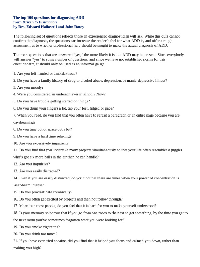 100 ADD Diagnostic Questions Guide | PDF | Behavioural Sciences ...