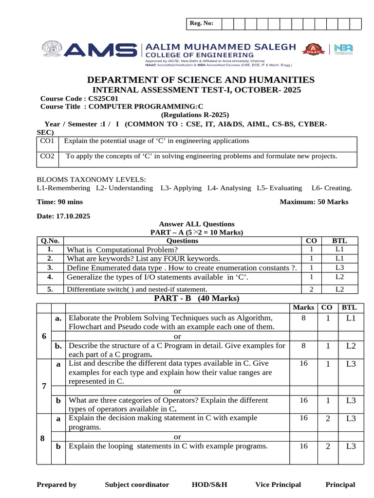 C Programming Internal Assessment 2025 | PDF | Software Engineering ...