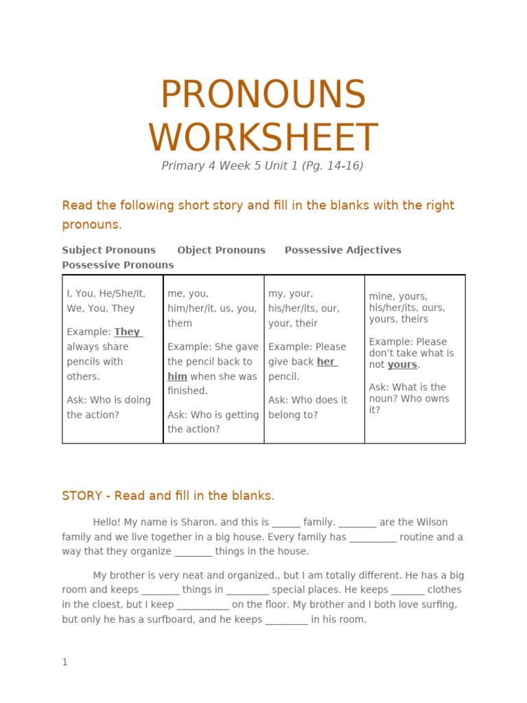 Pronouns Worksheet for Primary 4 | PDF | Pronoun | Morphology