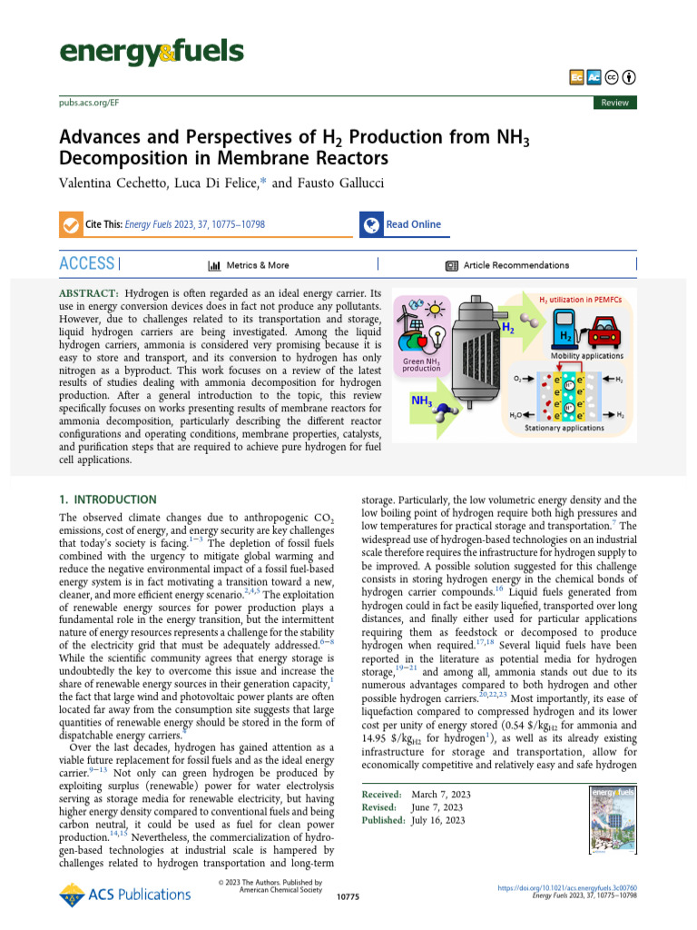 Cechetto Et Al 2023 Advances and Perspectives of h2 Production From Nh3 Decomposition in ...