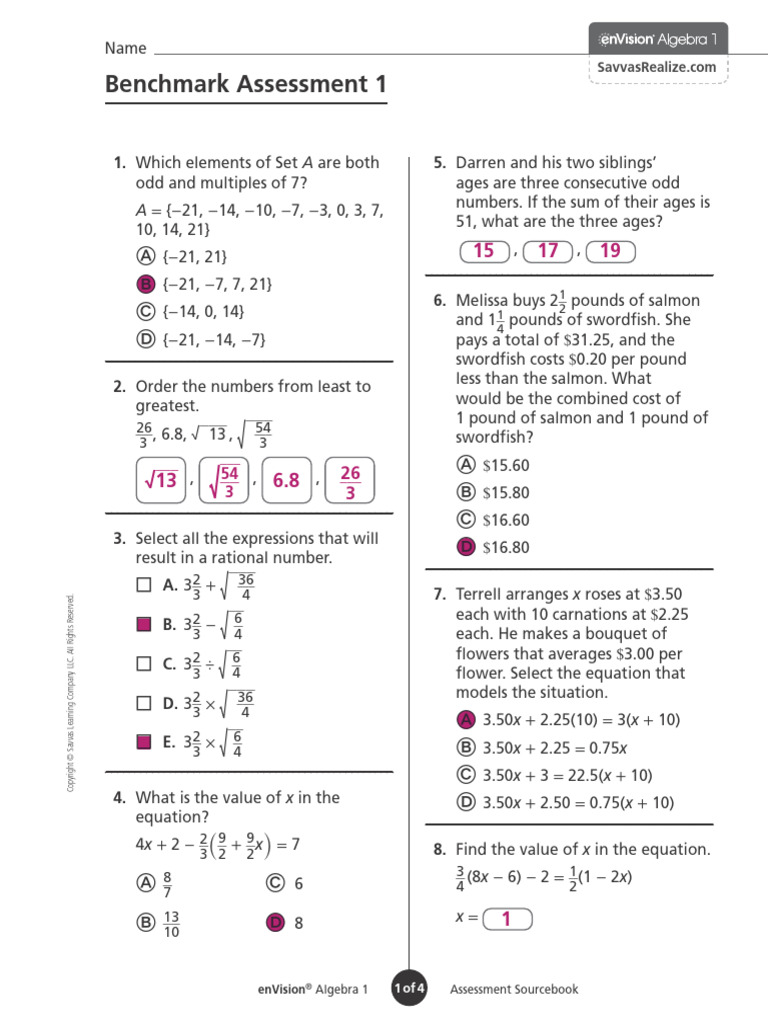 Algebra 1 Benchmark Assessment | PDF | Inequality (Mathematics) | Equations
