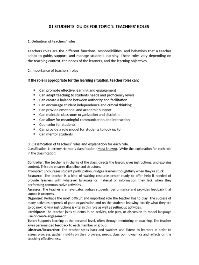 01 Summary of Topic 1 Teachers Roles | PDF | Learning | Teachers