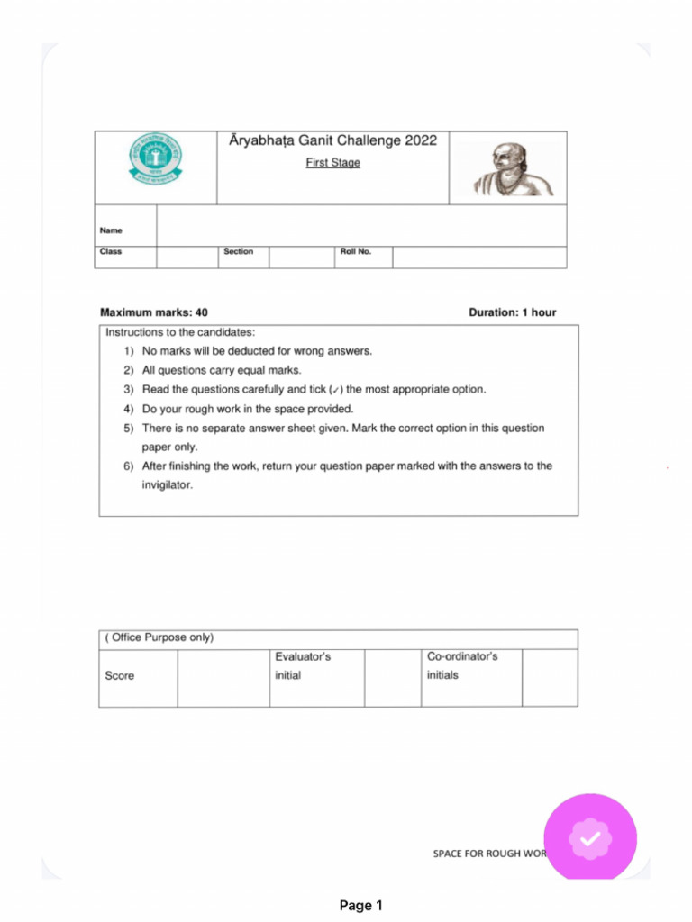 Sample Paper - Aryabhatta Ganit Challenge 2022 Stage 1 | PDF