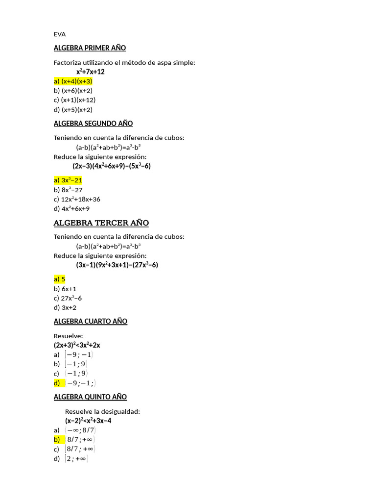 Eva 5 - Algebra - RM | PDF