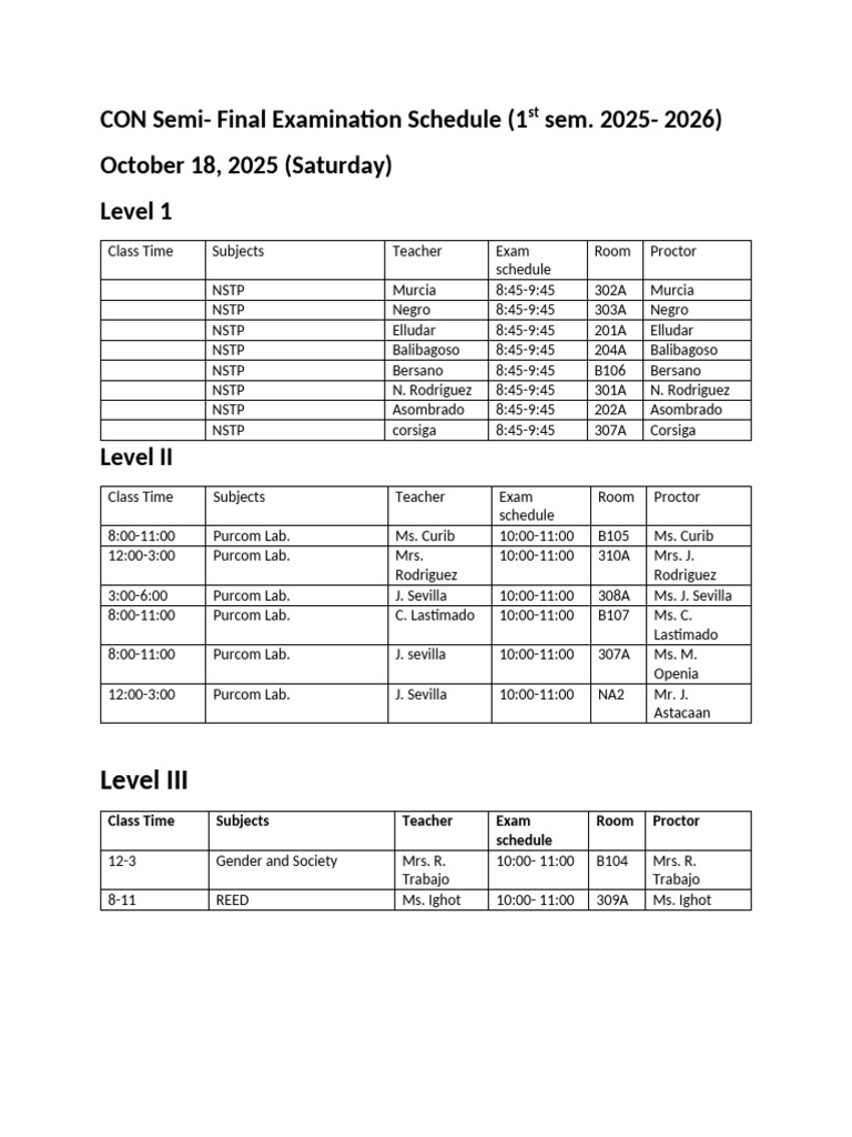 CON Semi Final Exam Schedule 1st Sem 2025 | PDF