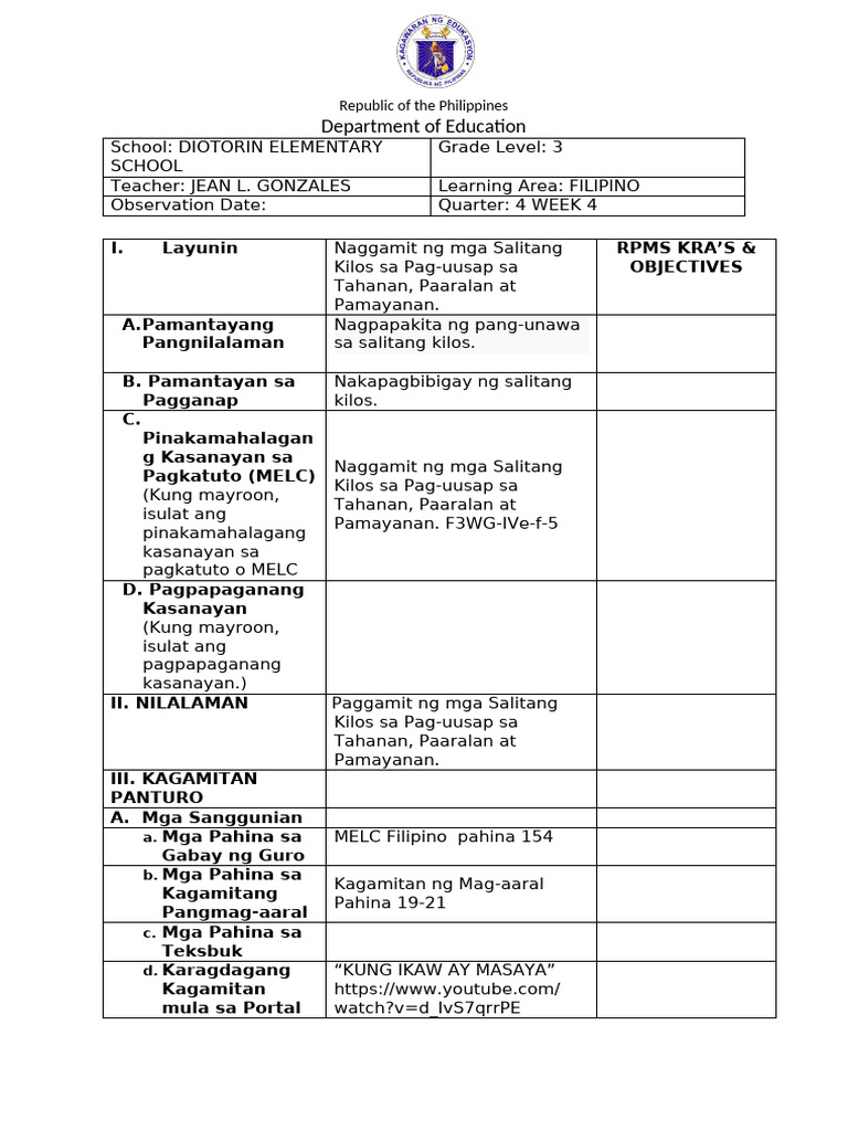 PANDIWA Lesson Plan - DLL FORMAT | PDF