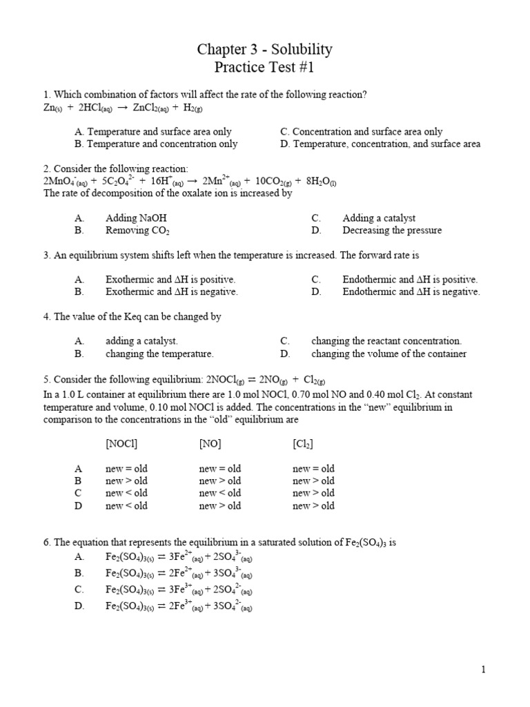 Solubility Practice Test Questions | PDF | Hydroxide | Chemical Equilibrium