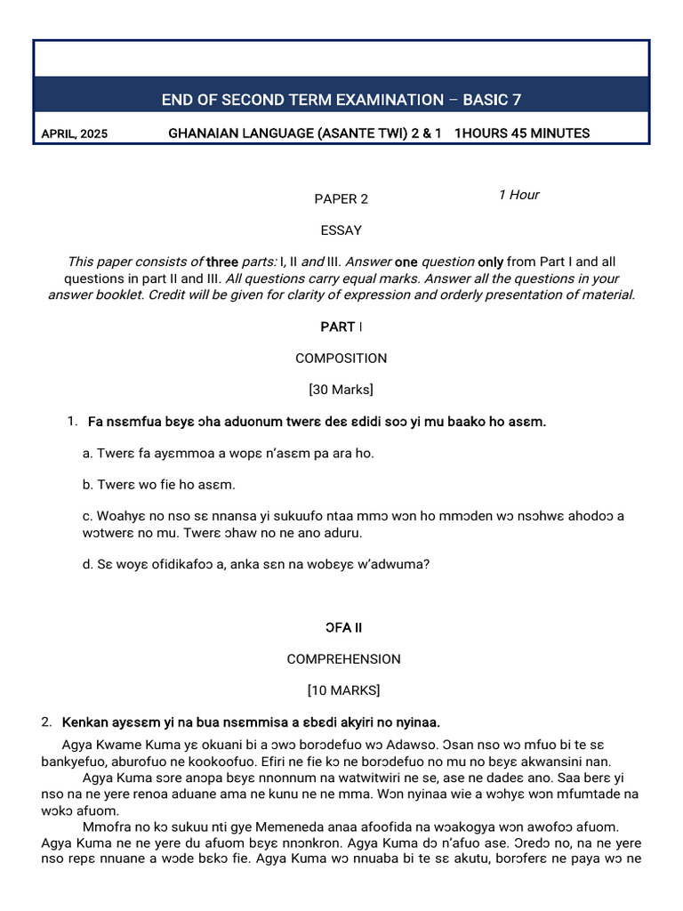 b7 Asante Twi Exams 2025 | PDF