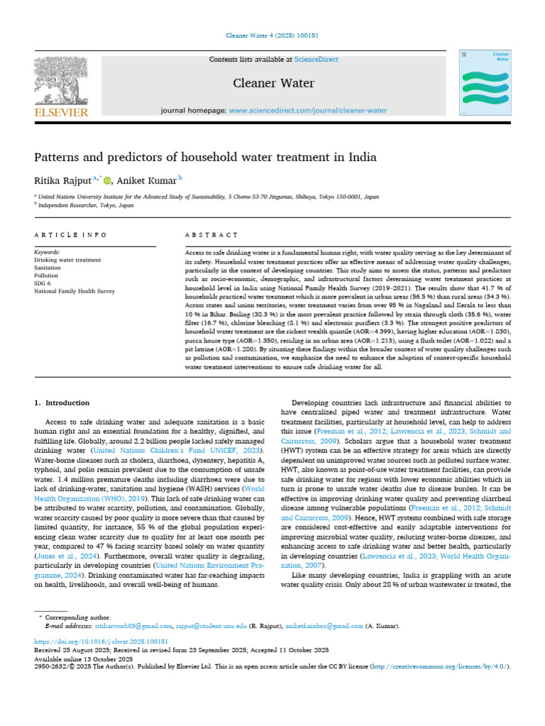 Patterns and Predictors of Household Water Treatment in India | PDF ...