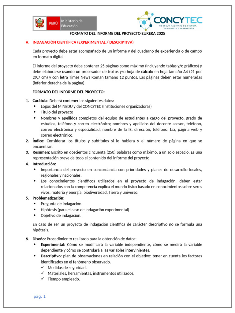 Formato Del Informe Del Proyecto Eureka 2025 | PDF | Investigación cuantitativa | Diseño