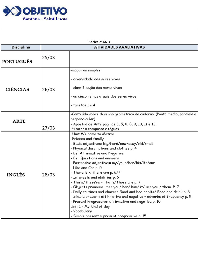 Cronograma de Provas 7 Ano | PDF | Matemática