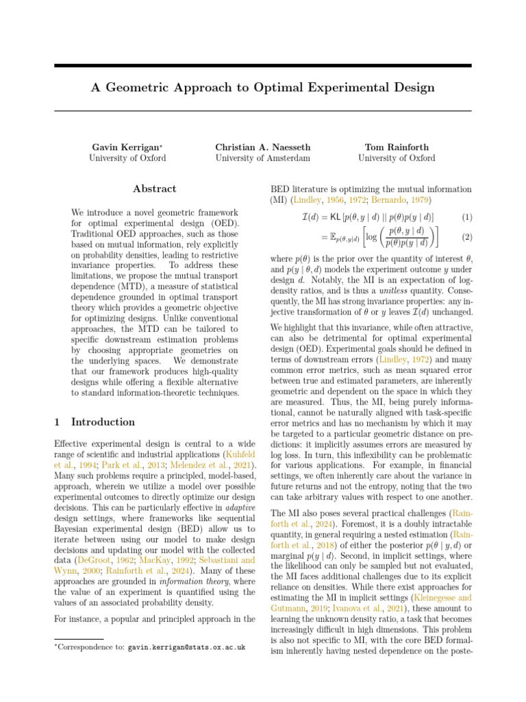 A Geometric Approach To Optimal Experimental Design: Gavin Kerrigan ...