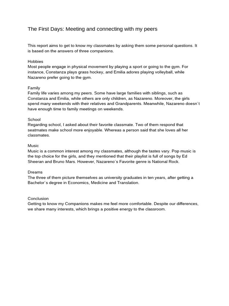 Report - The First Days - Meeting and Connecting With My Peers | PDF
