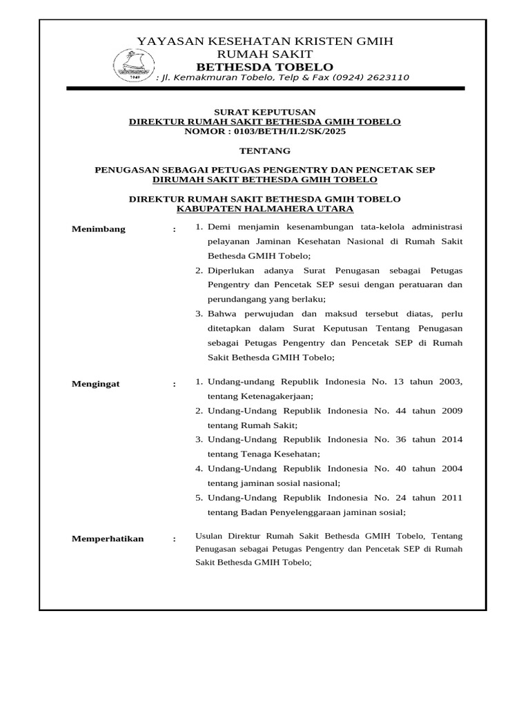 Penugasan Petugas SEP RS Bethesda Tobelo | PDF