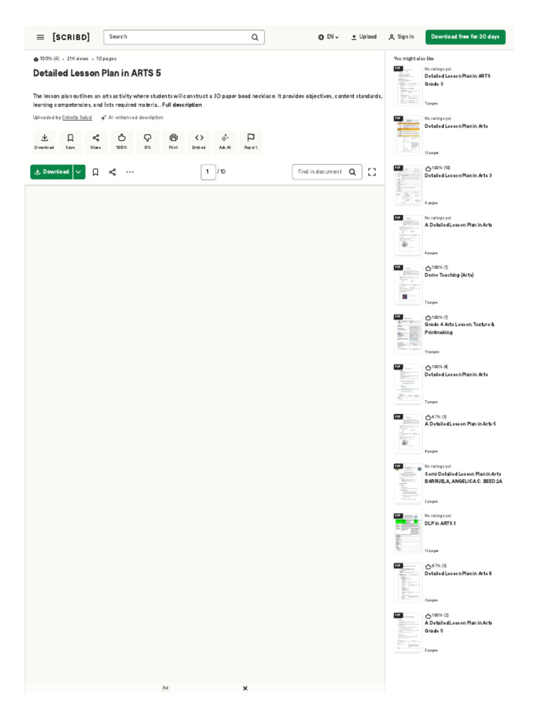 WWW Scribd Com Document 615120809 Detailed Lesson Plan in ARTS 5 | PDF ...