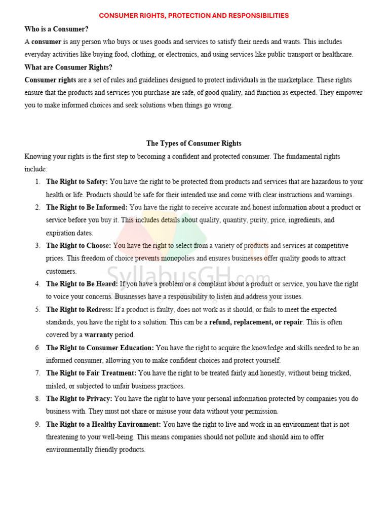 Understanding Consumer Rights Types | PDF | Consumer Protection | Food ...