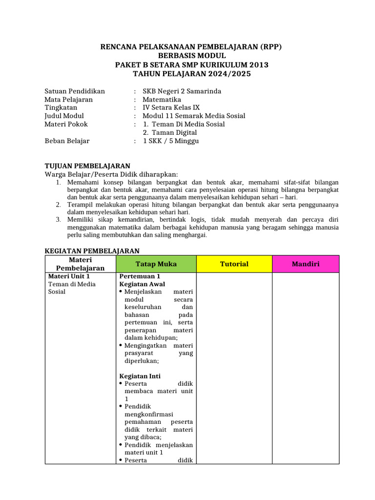 RPP MTK_MODUL 11_PAKET B KELAS IX | PDF