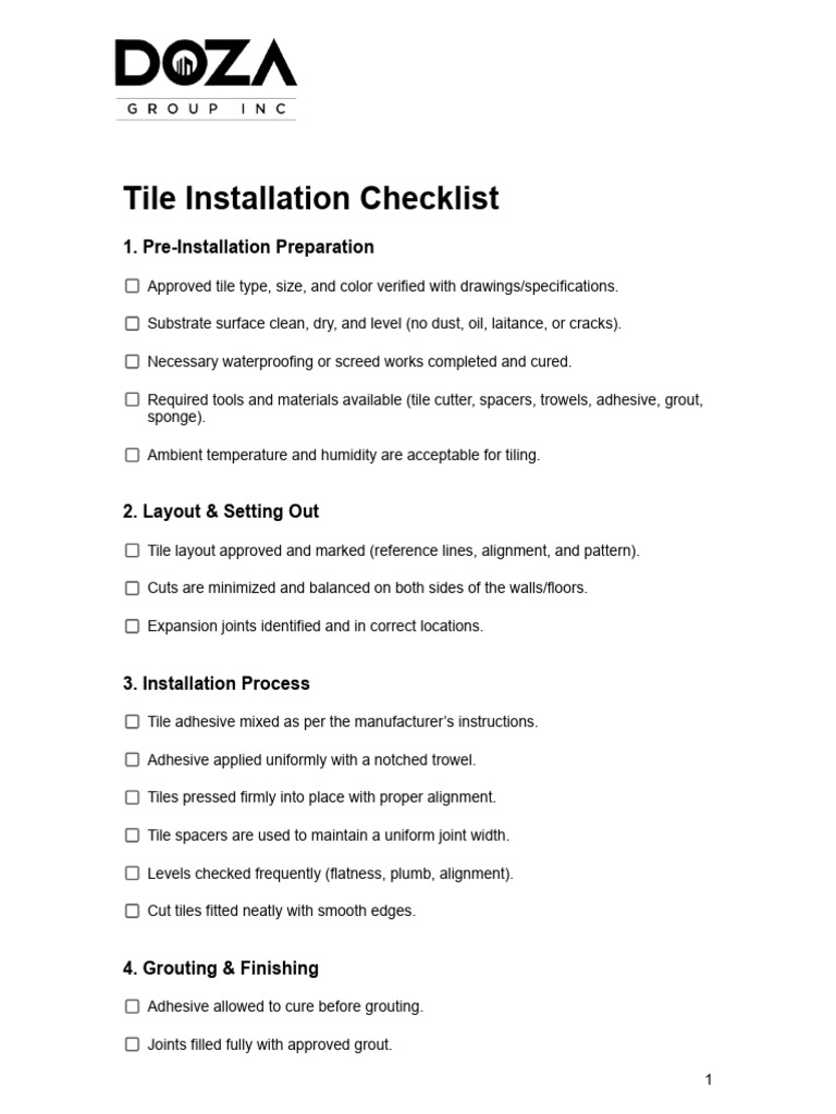 Tile Installation Preparation Checklist | PDF