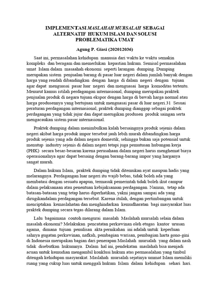 Implementasi Maslahah Mursalah Sebagai Alternatif Hukum Islam Dan ...
