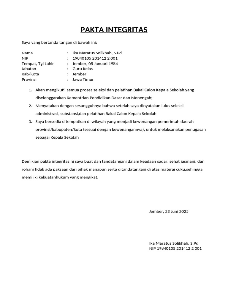 Pakta Integritas Calon Kepala Sekolah | PDF