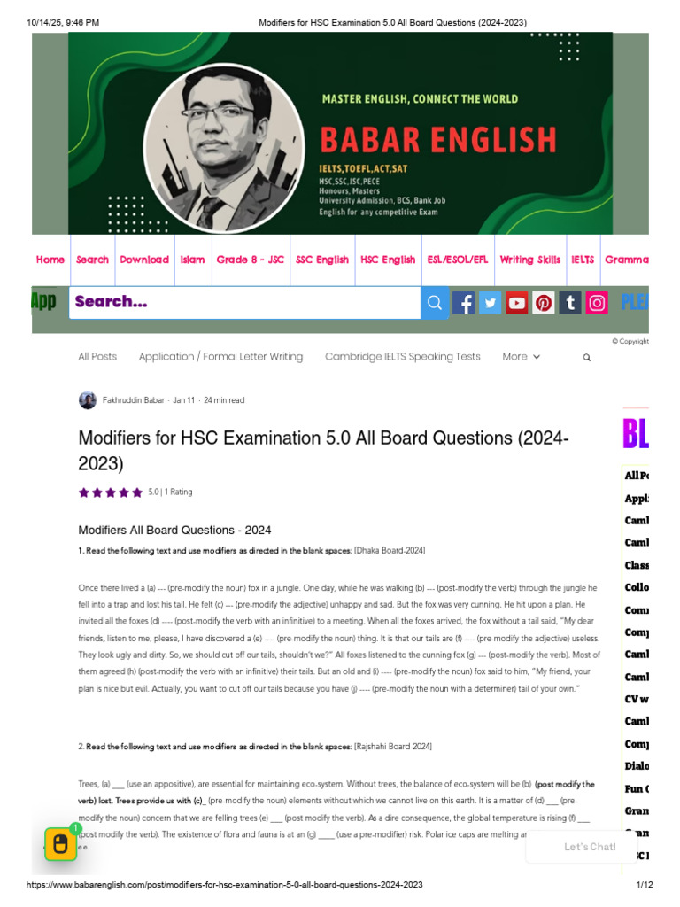 Modifiers For HSC Examination 5.0 All Board Questions (2024-2023) | PDF | Verb | Adjective