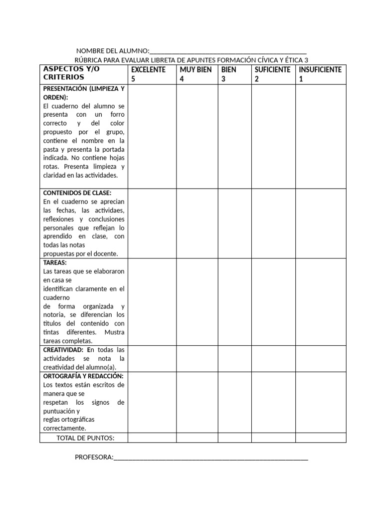 Rúbrica para Evaluar Libreta de Apuntes Formación Cívica y Ética 3 | PDF