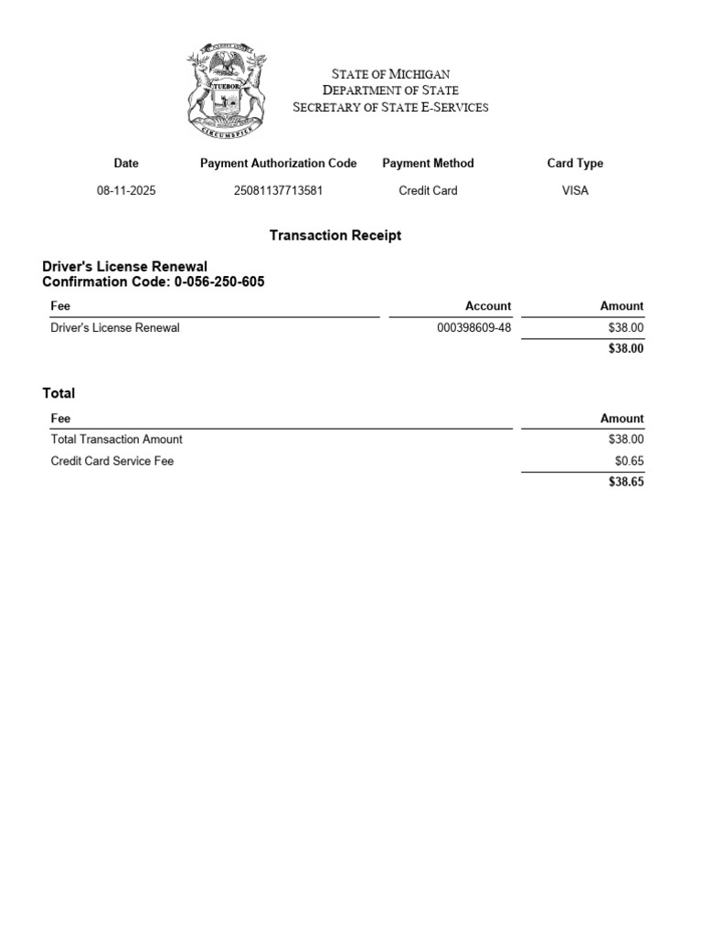 Michigan Driver's License Renewal Receipt | PDF
