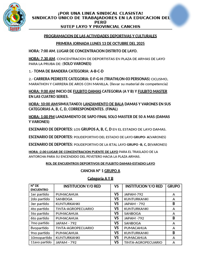 Actividades Deportivas SUTEP Layo 2025 | PDF