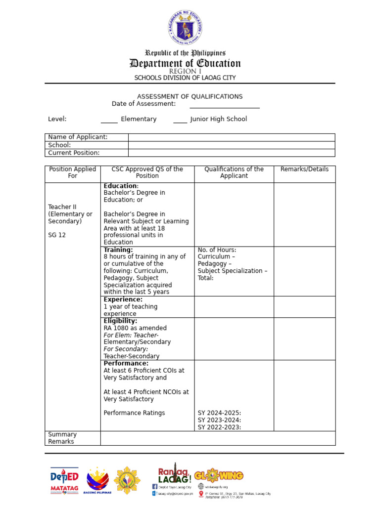 Teacher Qualifications Assessment Form | PDF | Educational Assessment ...
