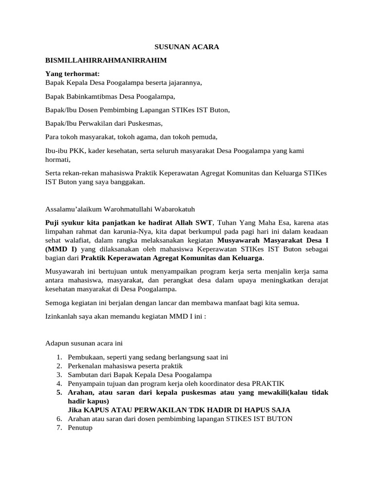 Susunan Acara MMD 1 Desa Poogalampa | PDF