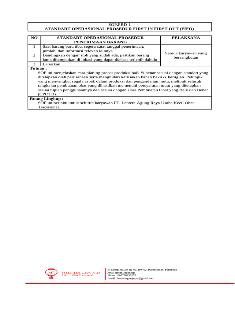 SOP FIFO untuk Produksi Obat Tradisional | PDF