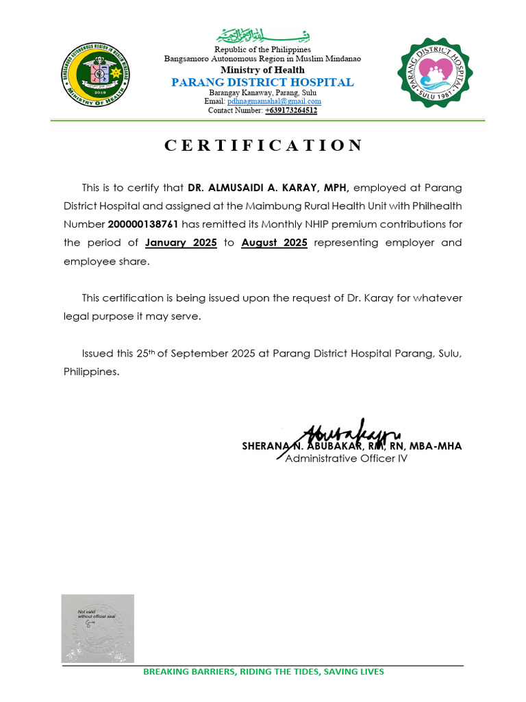 Cert of Philhealth Contribution | PDF