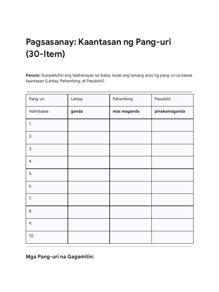 Pagsasanay 30-Item Na May Panuto Na Isulat Ang An... | PDF