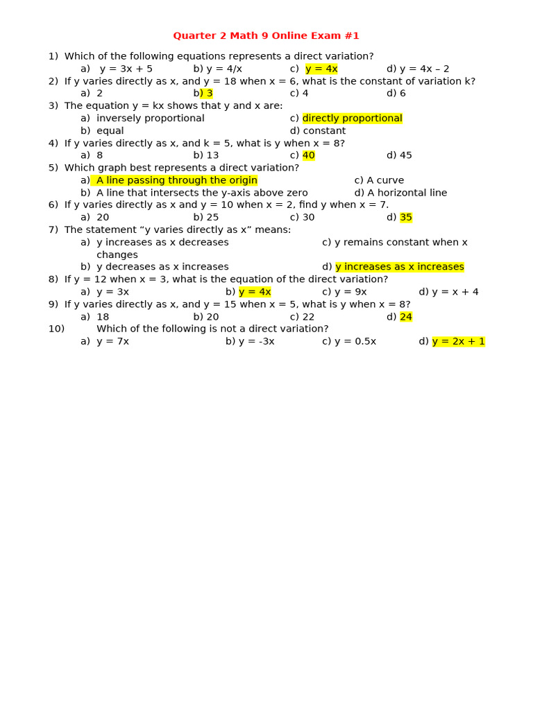 Math9 Direct Variation Exam | PDF