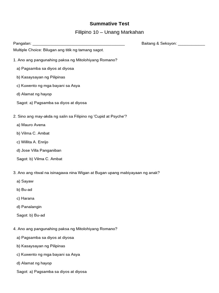 Q1 Summative Test Filipino 10 Answer Key | PDF