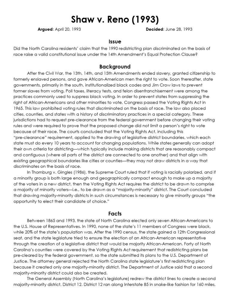 Shaw v. Reno (Biggs) | PDF | Fourteenth Amendment To The United States ...