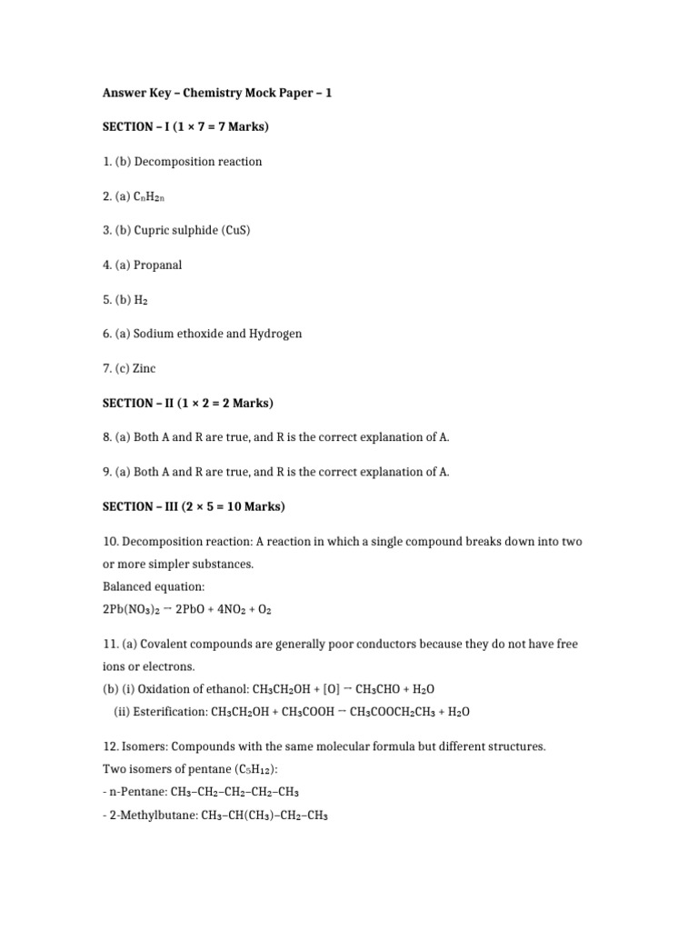 Chemistry Mock Paper Answer Key | PDF | Chemical Reactions | Rust