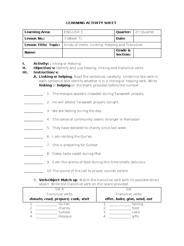Kinds of Verbs Linking Helping and Transitive Quiz | PDF