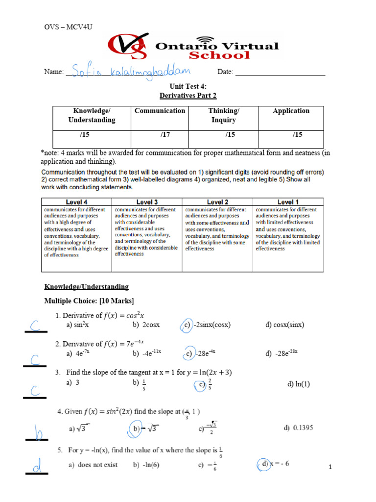 Derivatives and Tangent Slopes Test | PDF | Derivative | Trigonometric ...