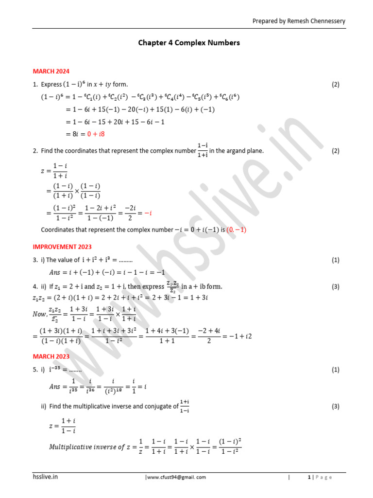 Hsslive - Ch4 Complex Numbers Solutions | PDF | Complex Number | Chess
