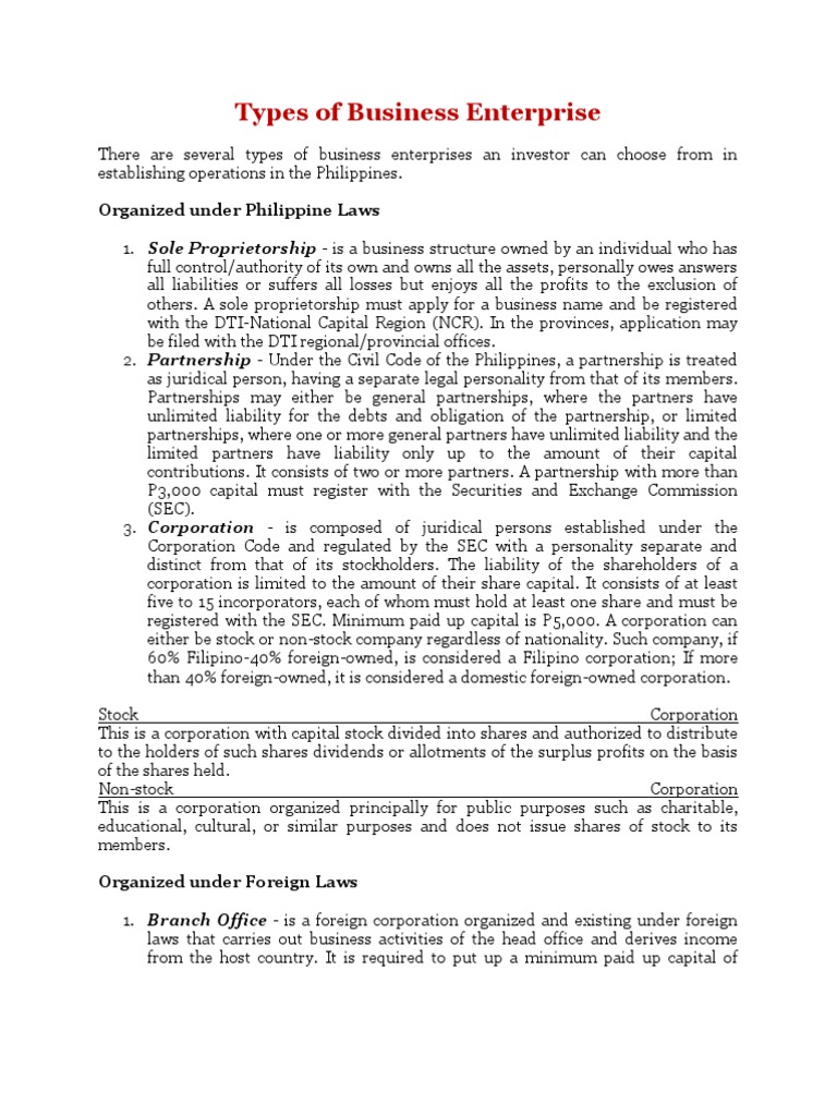 Types of Business Enterprise | PDF | Partnership | Corporations