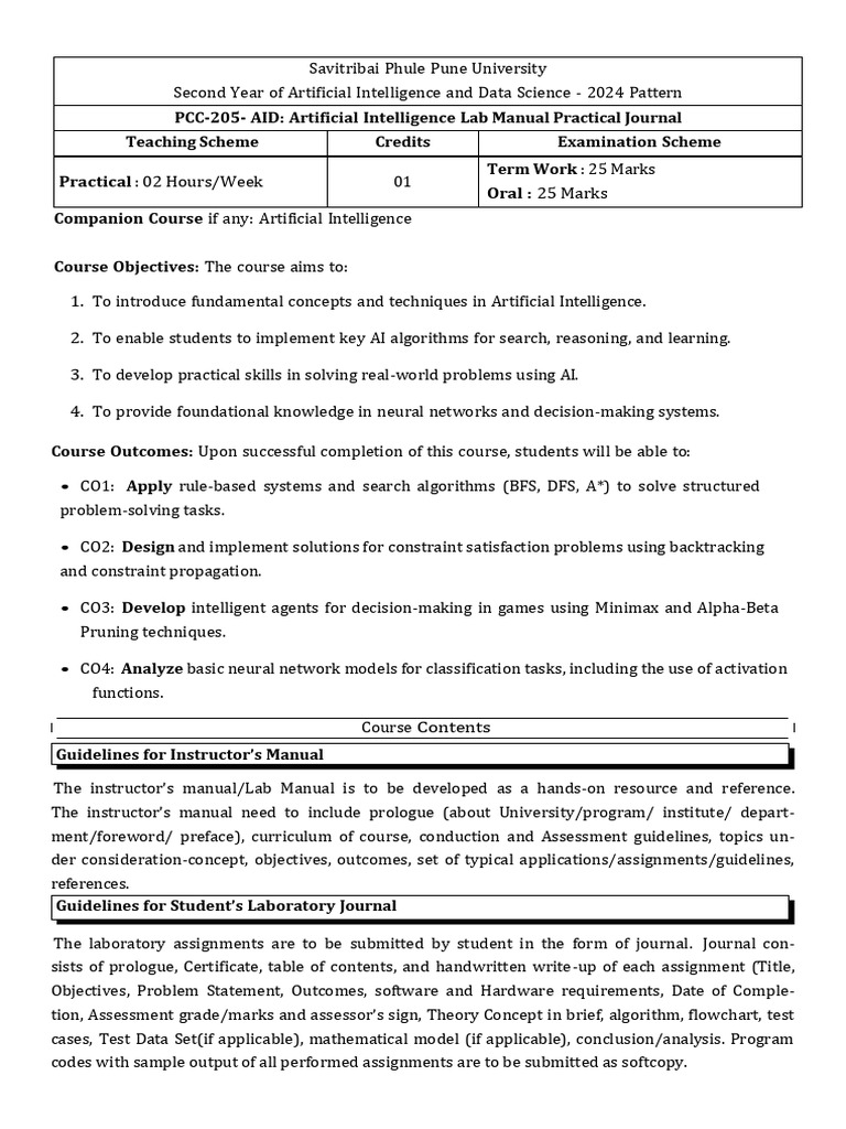 AI Artificial Intelligence Lab Manual Practical Journal AIDS CSE (AI) SE SPPU 2024 Pattern Full ...