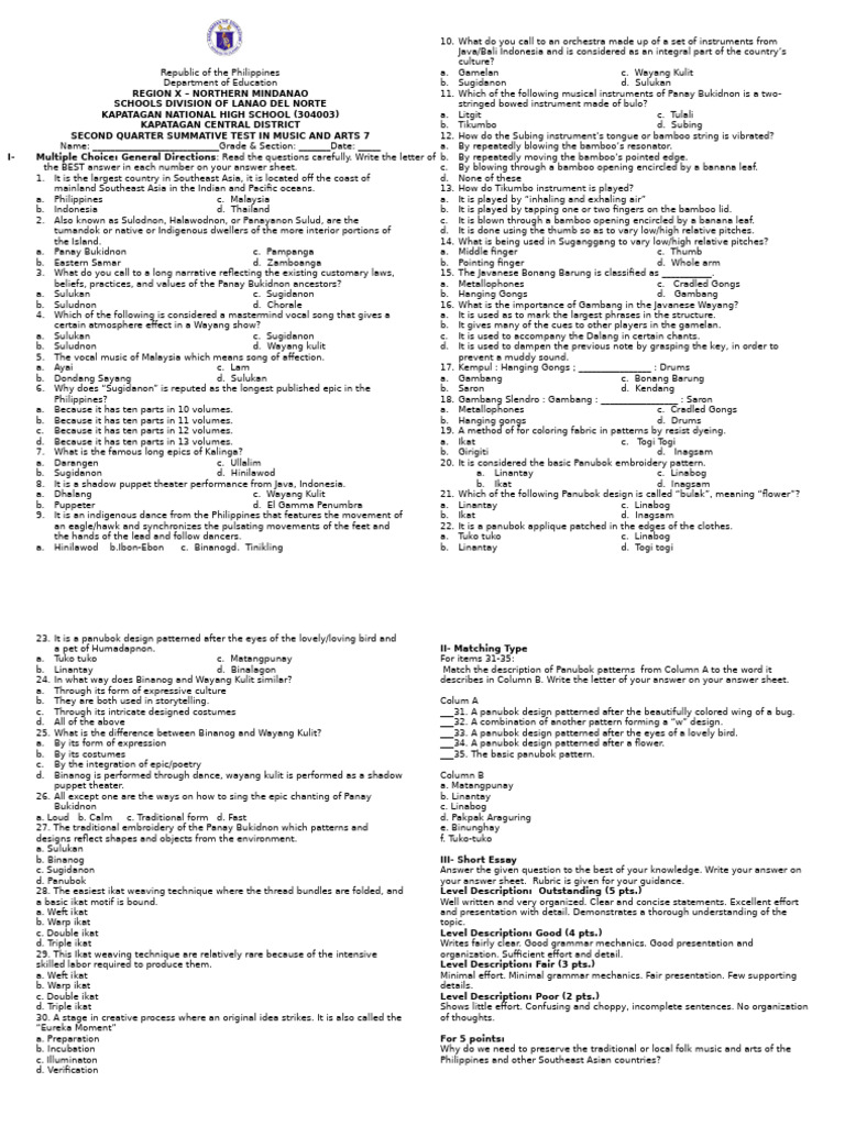 Summative Test Music and Arts 40 Points | PDF