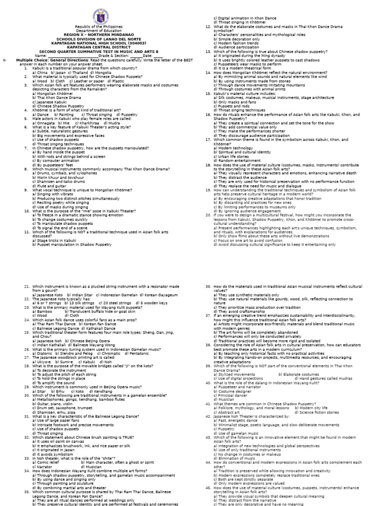 Summative Test Music and Arts 40 Points | PDF | Puppetry | Puppets