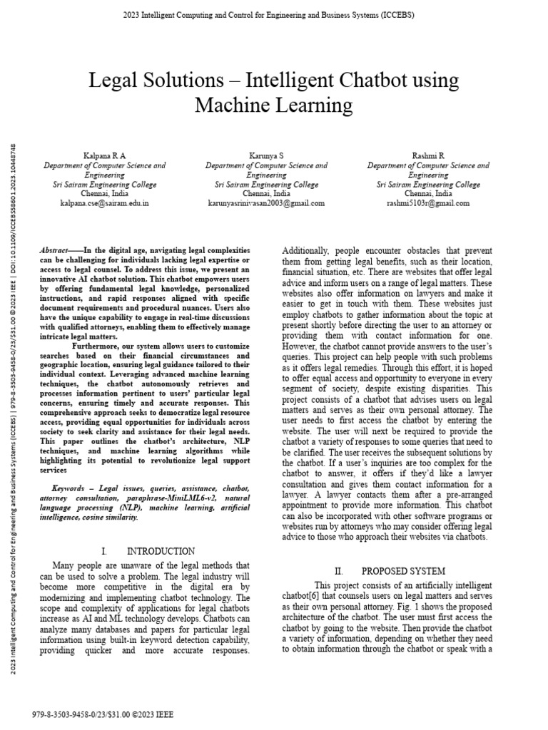 Legal Solutions - Intelligent Chatbot Using Machine Learning | PDF | Databases | Computer Security