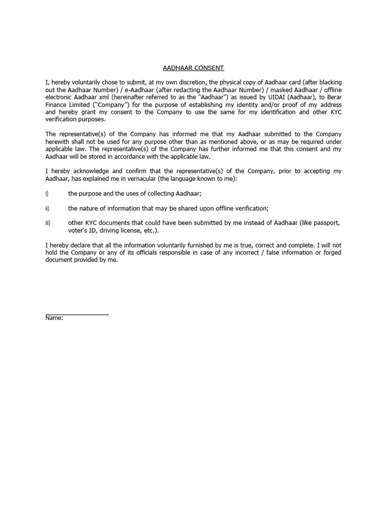 Aadhar Consent Letter | PDF
