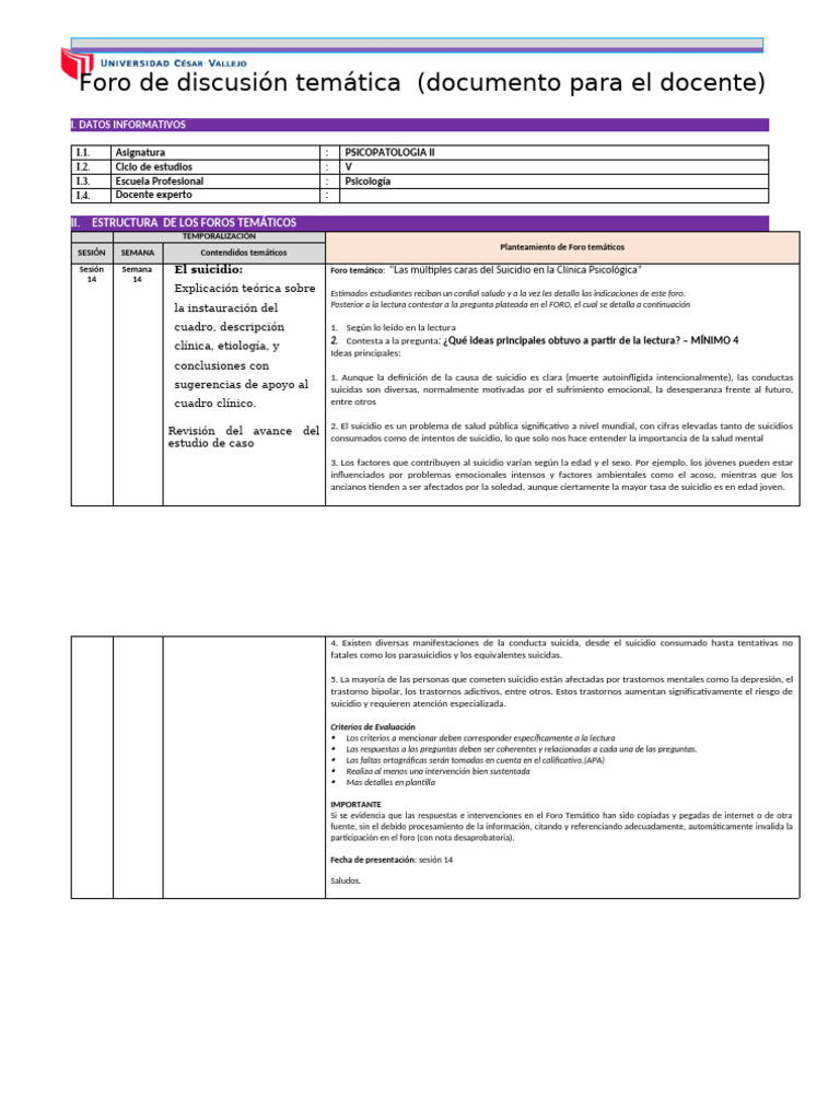 Foro de Discusion Tematica | PDF | Suicidio | Trastorno mental